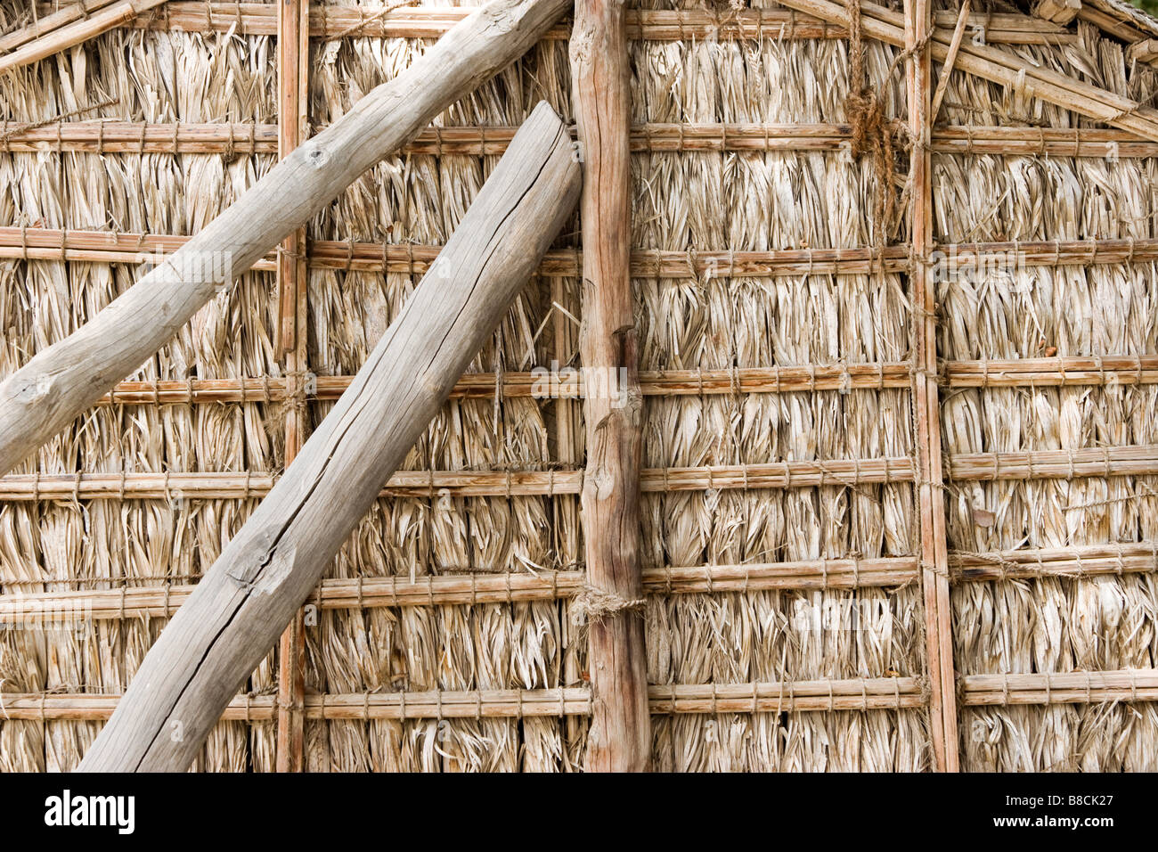 Dubai, UAE, Detail of wood thatch houses on display at Heritage Village ...