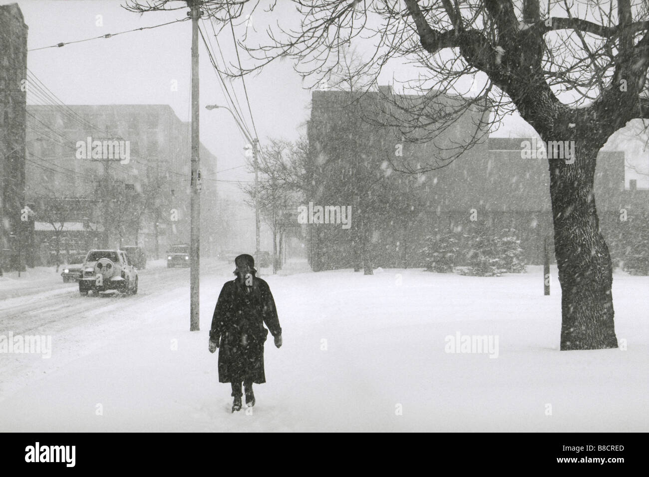 FV0030, Alan Marsh; Woman walking snowy urban street Stock Photo - Alamy