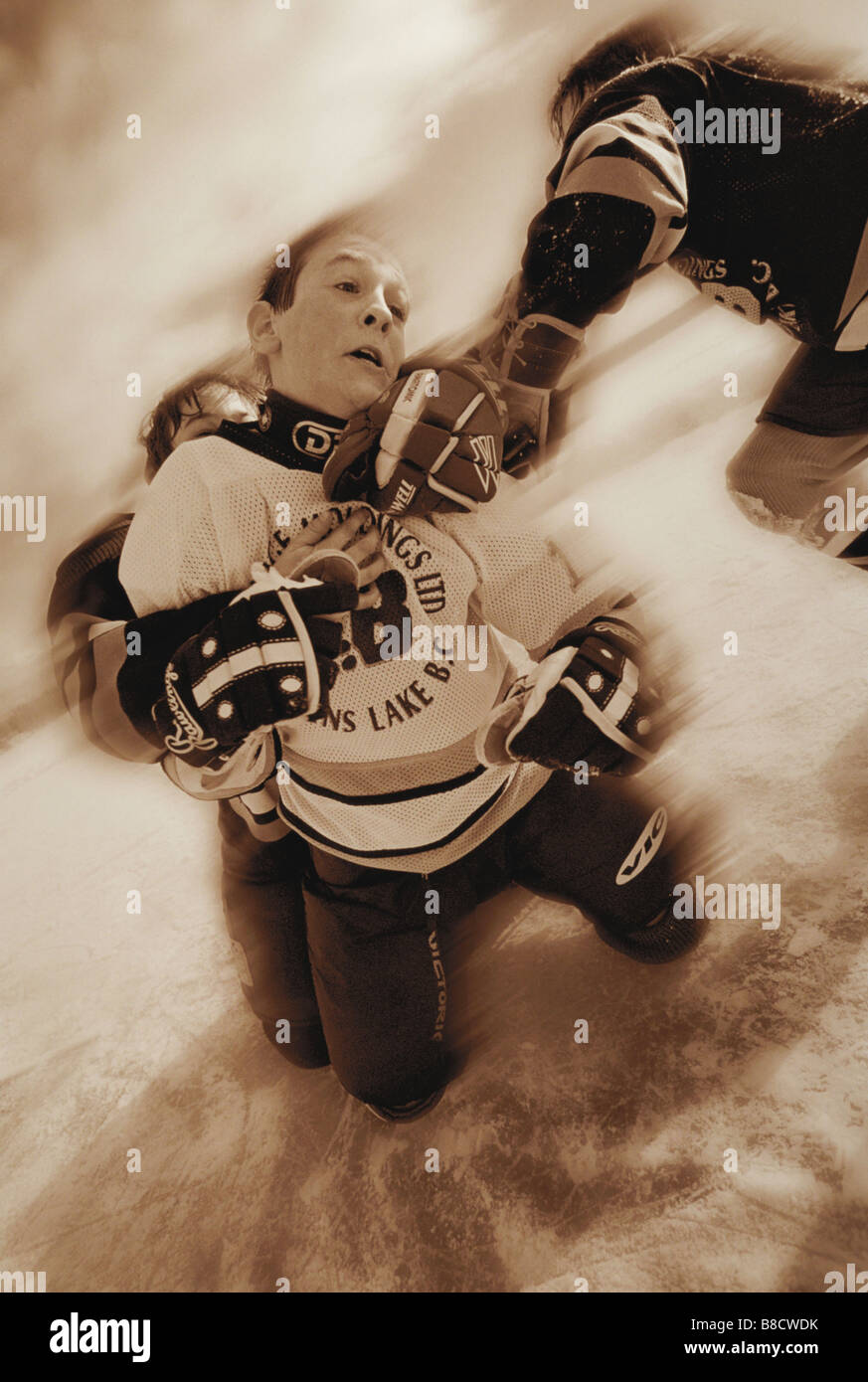 FV0980, Darwin Wiggett; Two kids fighting hockey game pond Stock Photo ...