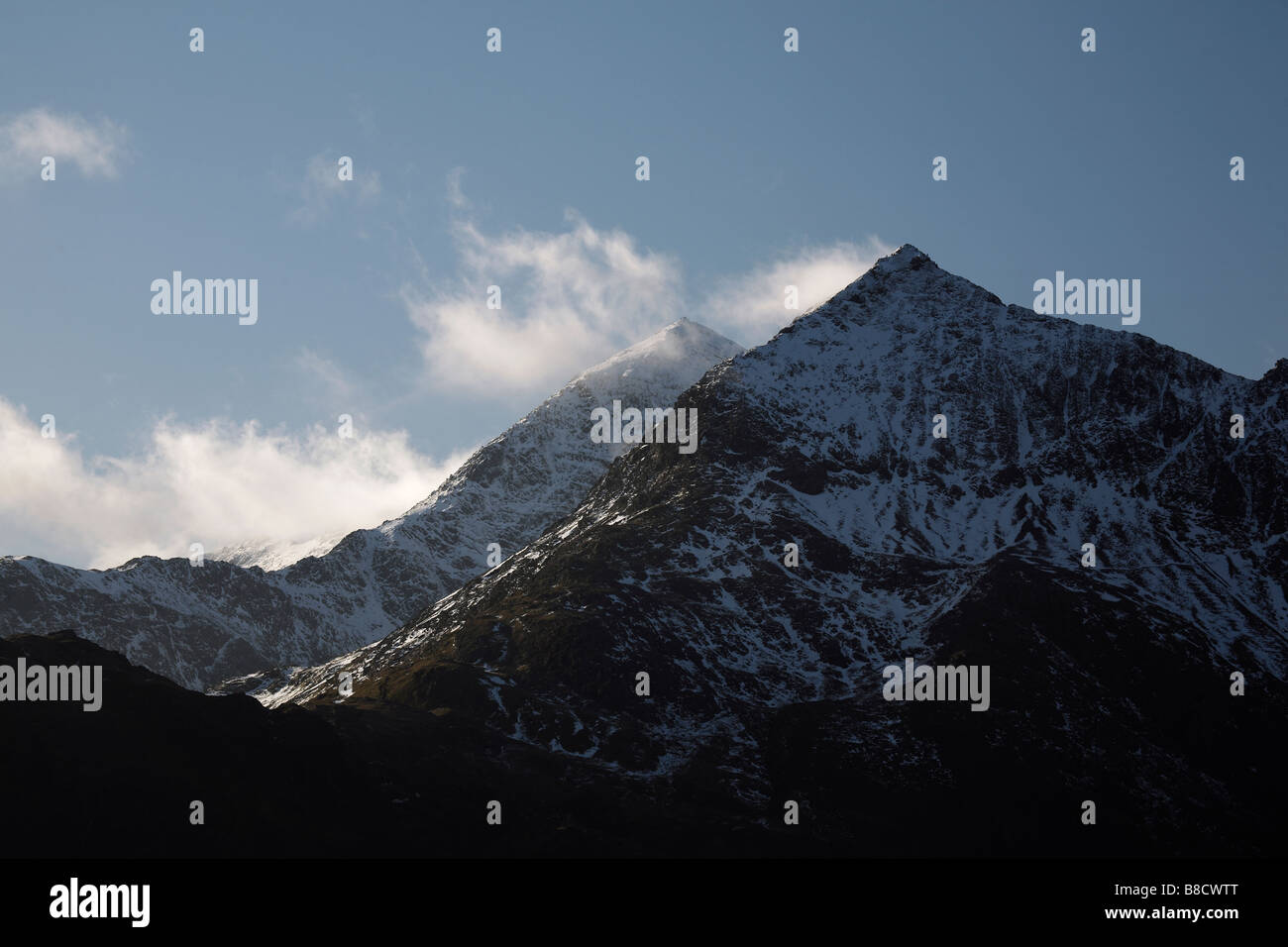 Snowdon and Crib Goch in winter snow Snowdonia North Wales Stock Photo ...