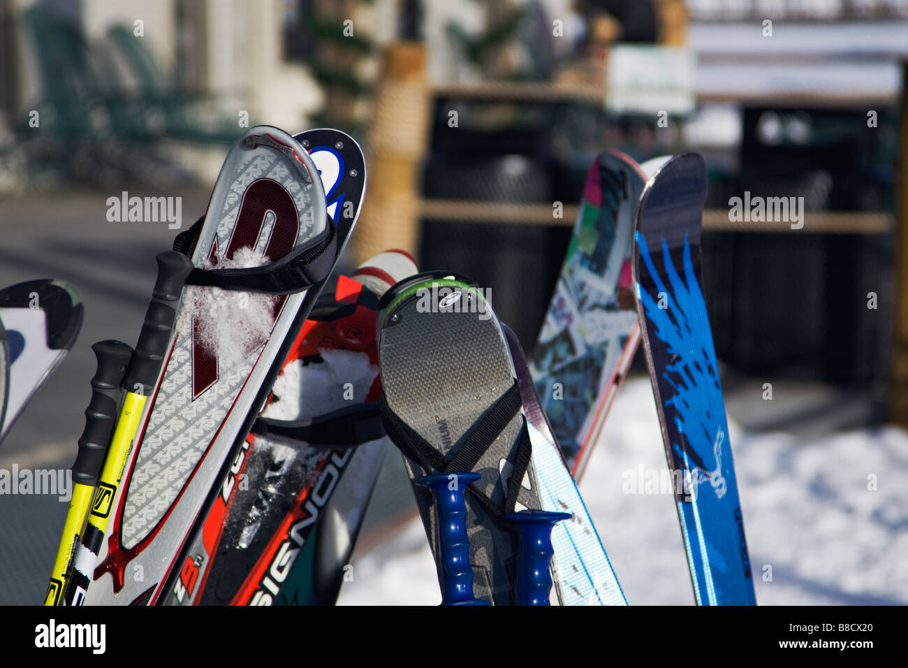 Skis leaned up on a rack at the top of the slope at Vail Colorado Stock ...