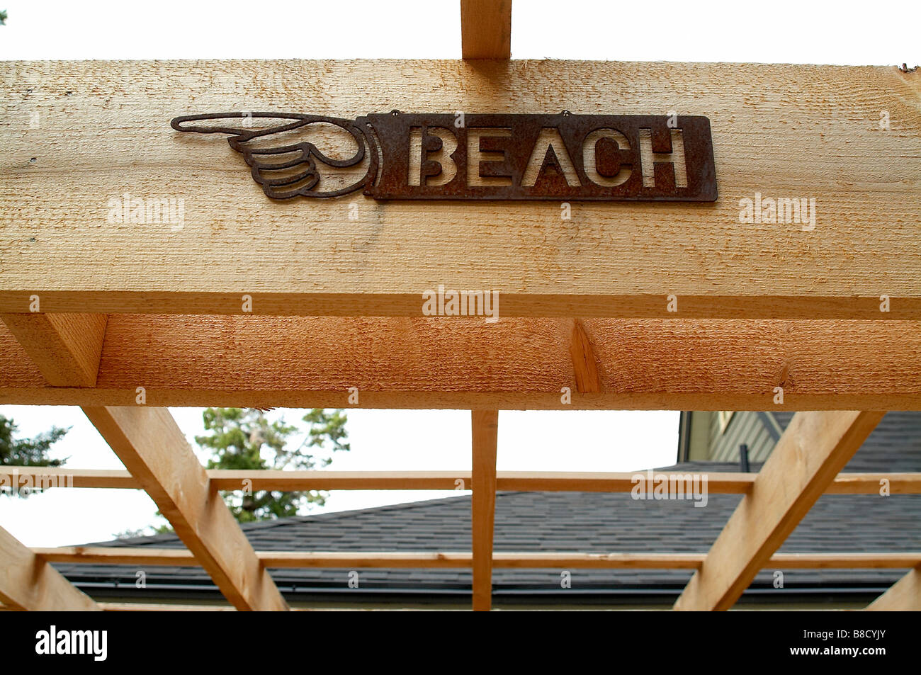 Beach Sign Wooden Pergola Stock Photo - Alamy