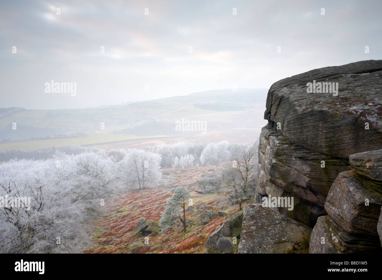 A winter hoarfrost viewed from Stanage Edge in the Peak District Stock ...
