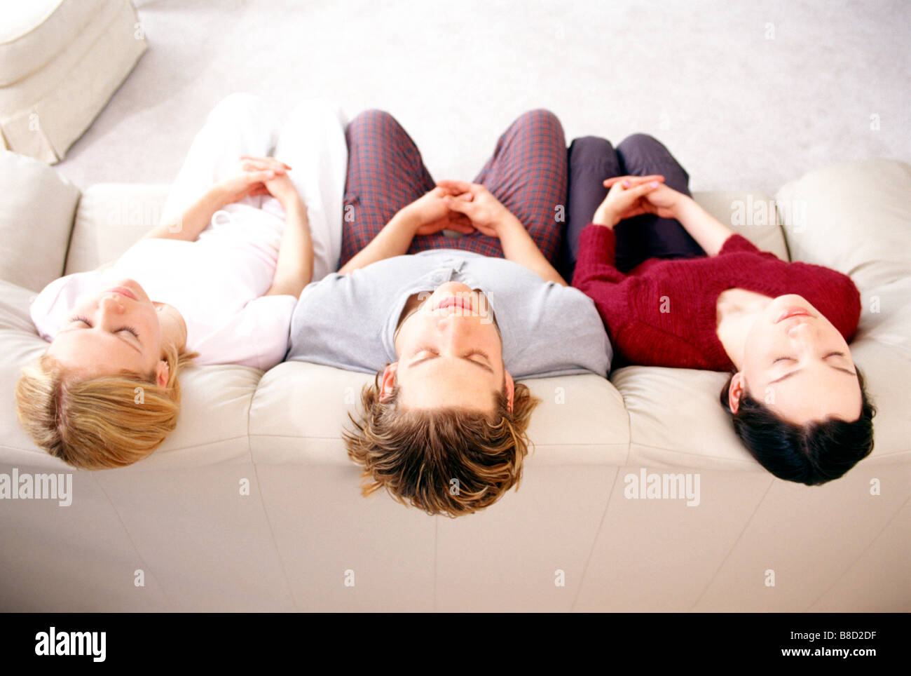 FV3095, Mad Cow Studio; 3 Young Friends Lean Over Back Sofa, Eyes ...