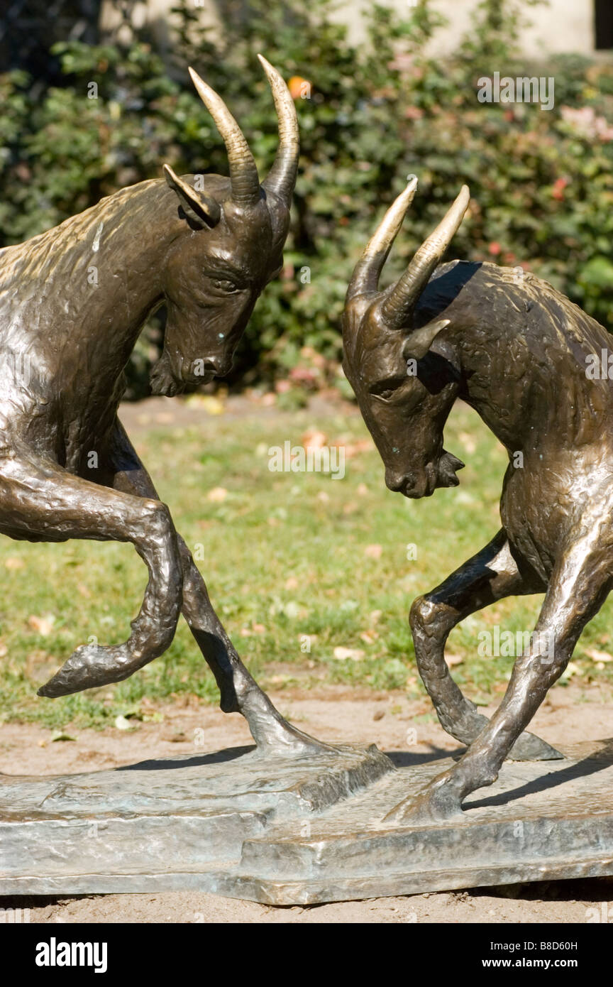Metal sculpture, pair of goats, symbol of Poznan, Poland Stock Photo ...