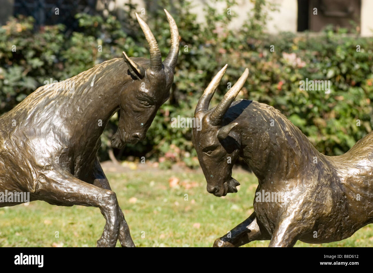 Metal sculpture of a pair of goats, the famous symbol of Poznan, Poland ...