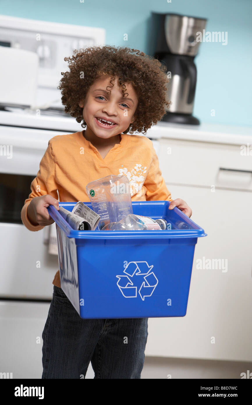 Girl Recycling Blue Box Stock Photo - Alamy