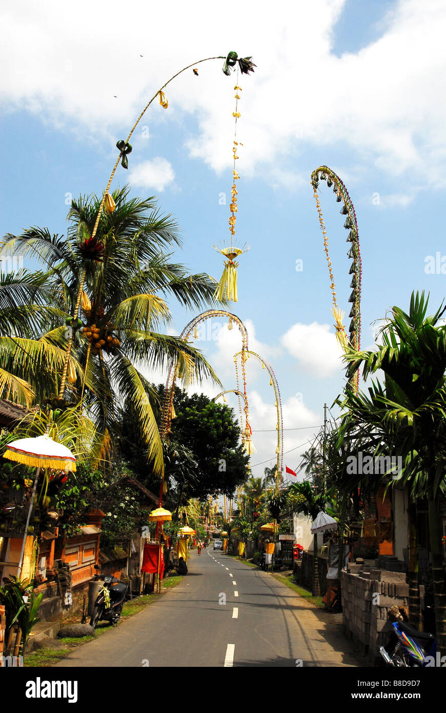 Decorated Bamboo poles along the road during Galungan festival Bali ...