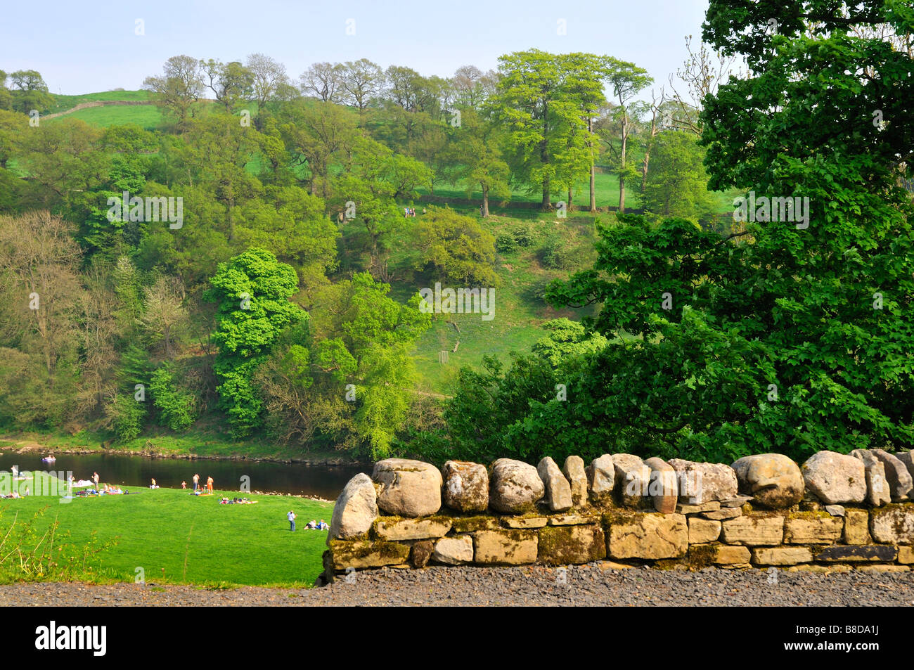 The beautiful valley of the River Wharfe at Bolton Abbey in North ...
