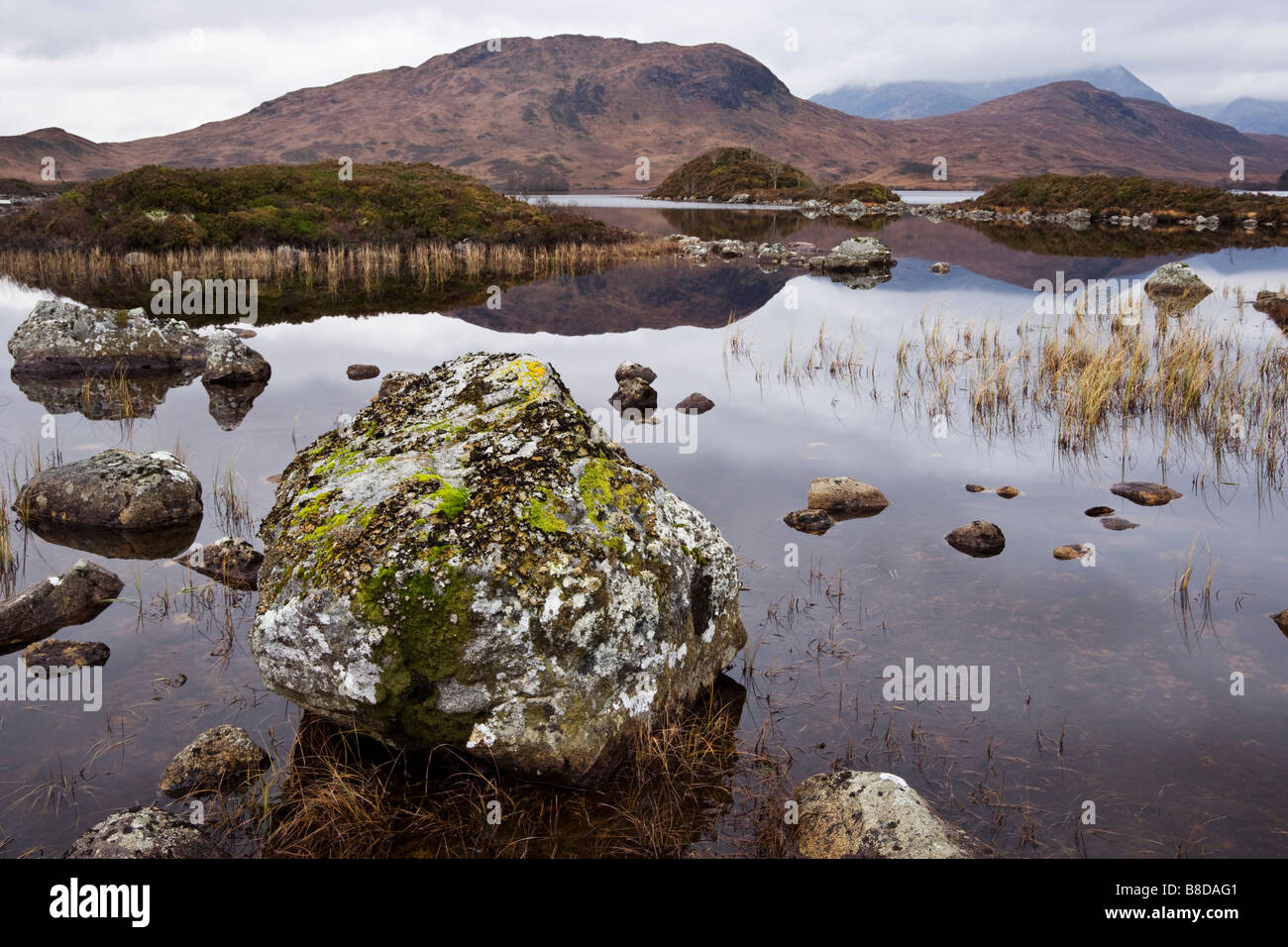 Scottish Landscape of a huge boulder in a lochan on Rannoch Moor Stock ...