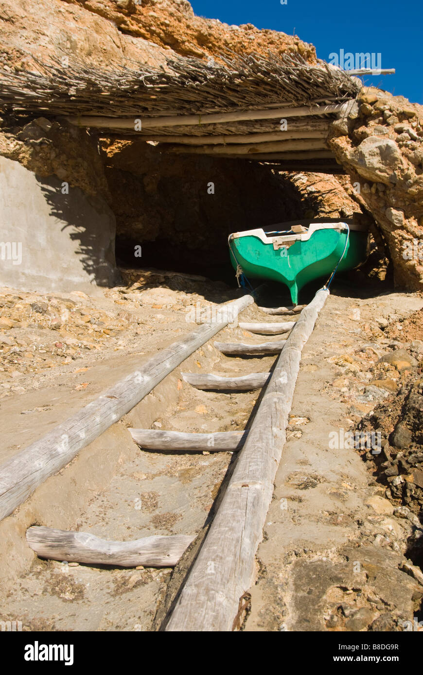Boat hut At Benirras bay, San Miguel, Ibiza, Spain, detail view Stock ...