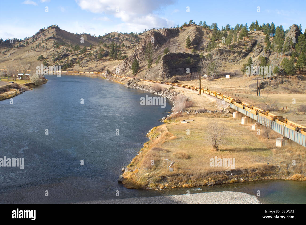 Rock formation and railroad cars Missouri River Montana Country near ...