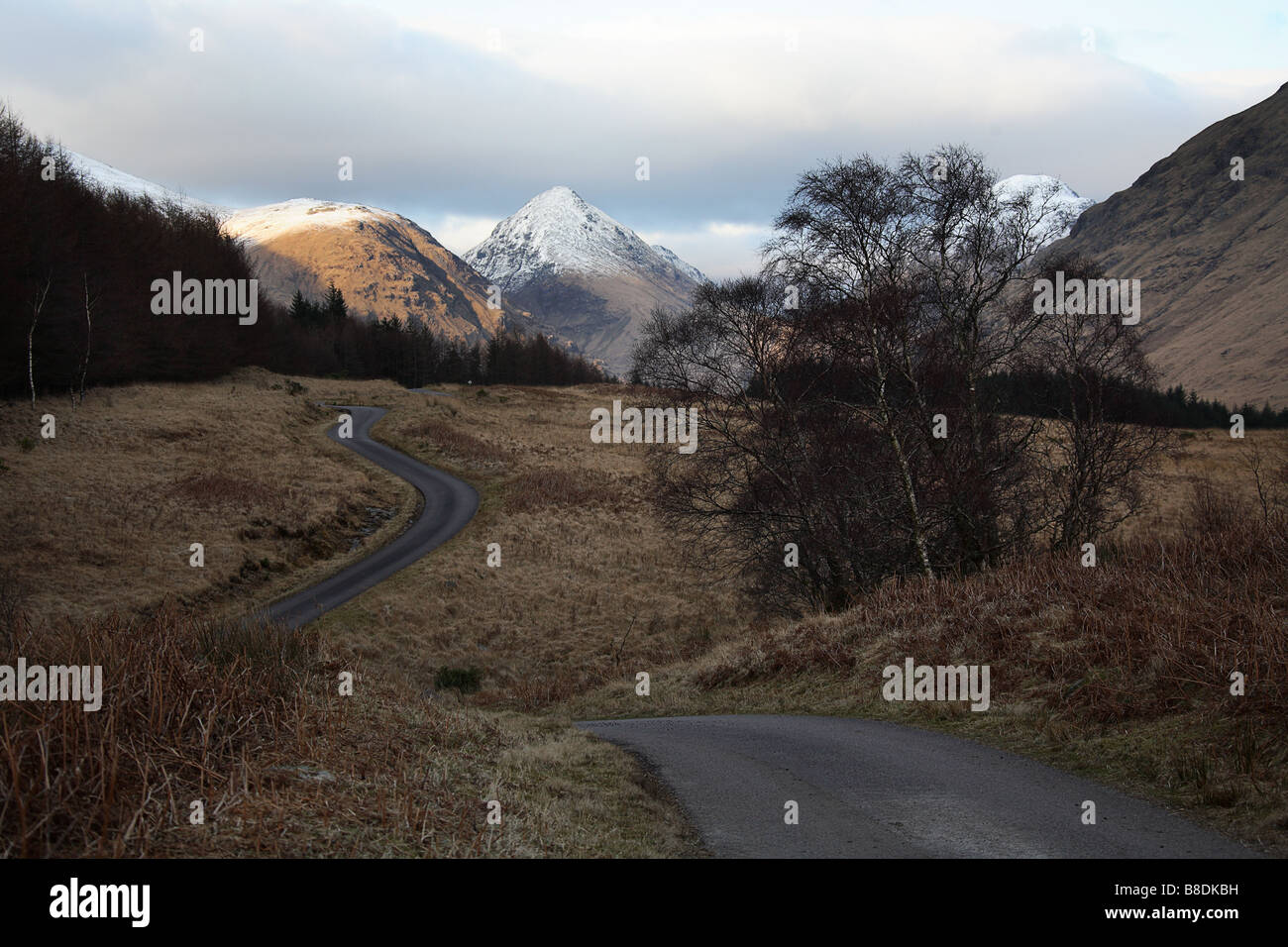 The road from Loch Etive through mountain valley of Glen Etive to the ...