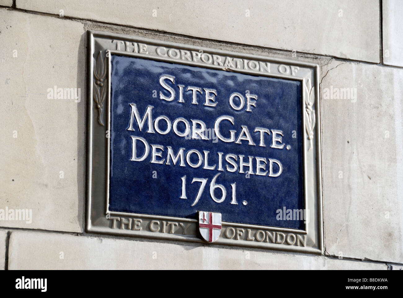 Wall plaque marking the site of the Moor Gate in the City of London ...