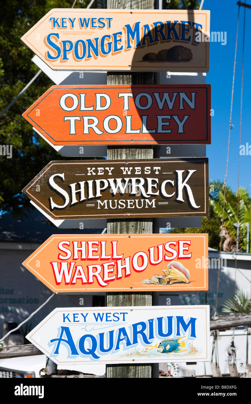 Signs for attractions at Mallory Square, Old Town, Key West, Florida ...