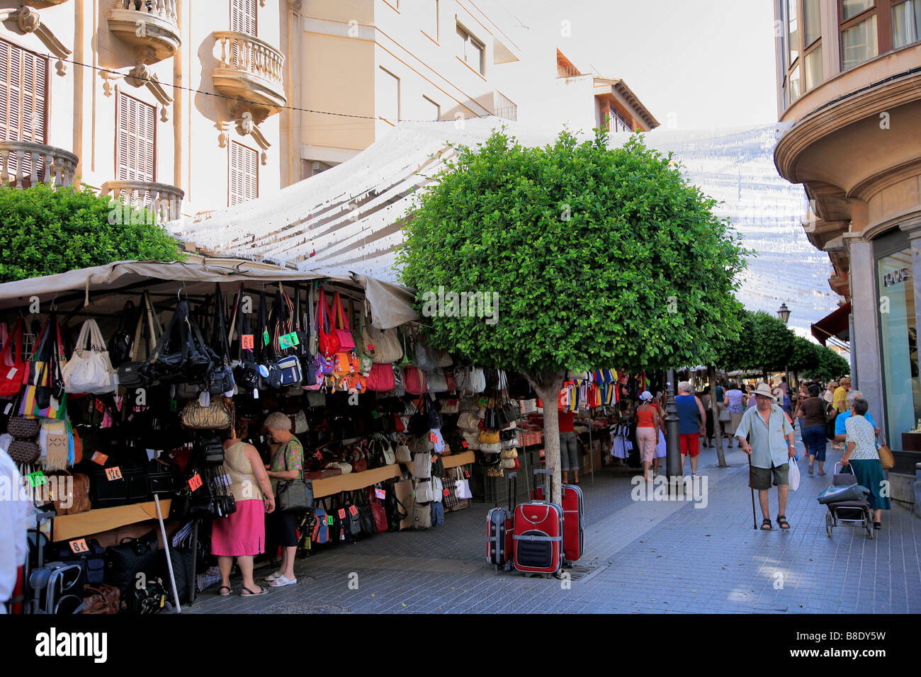 Market Stalls decorated flags August summer festival Inca Town Mallorca ...
