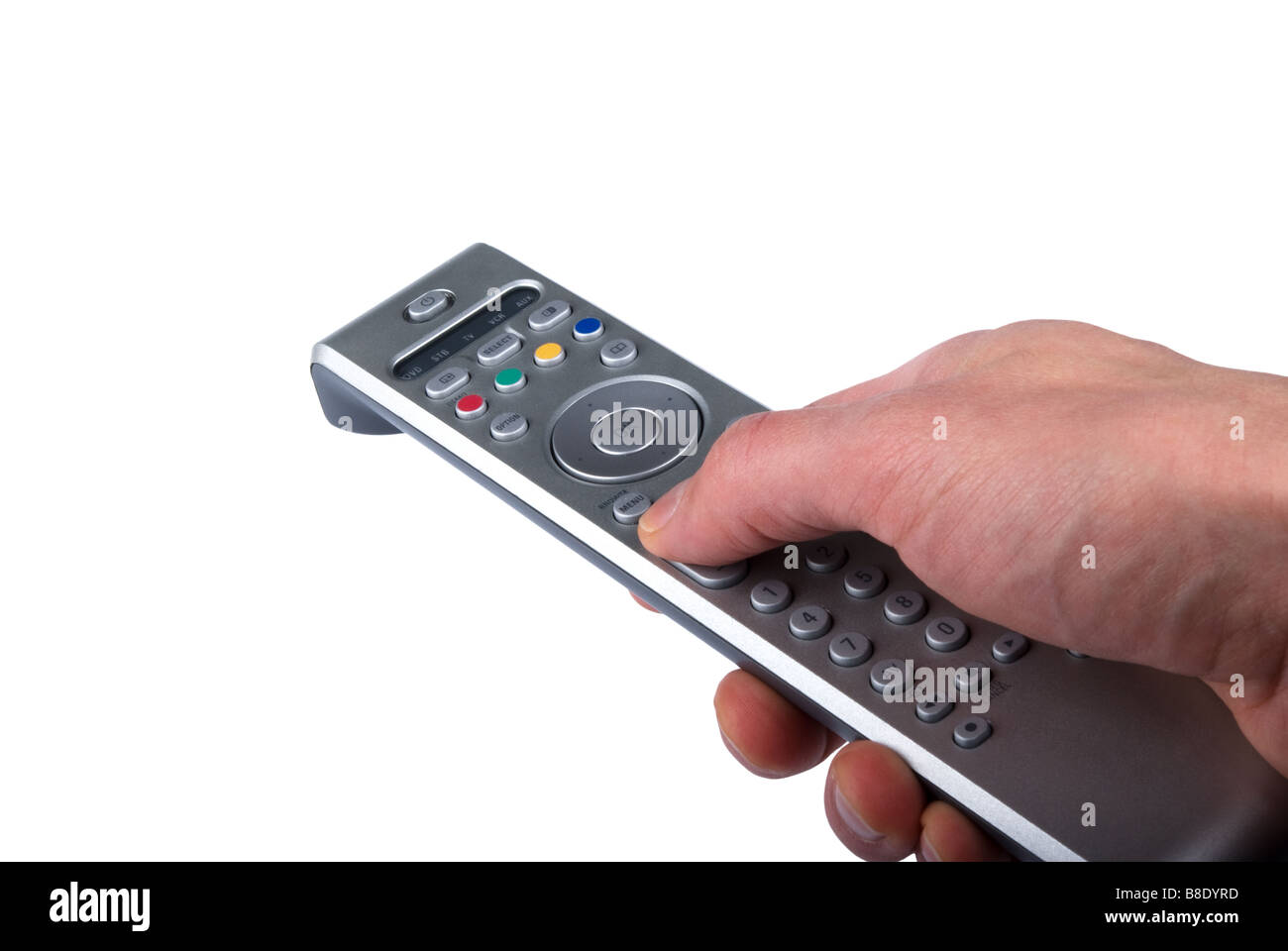 Male hand holding a TV remote control against white background, fit for ...