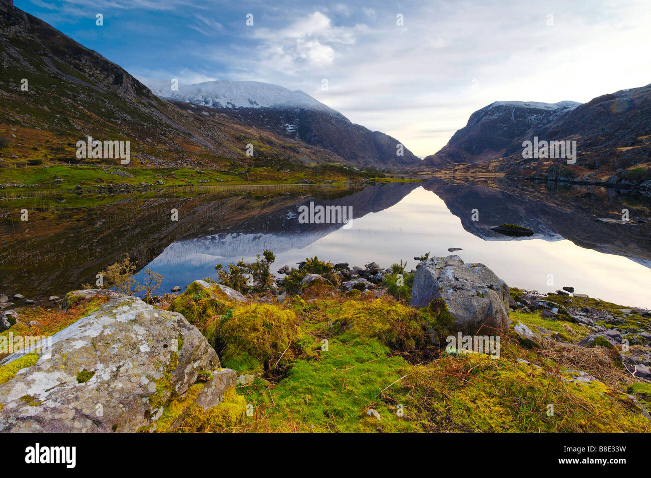 Gap Of Dunloe reflected in still waters of Auger Lake Killarney Co ...