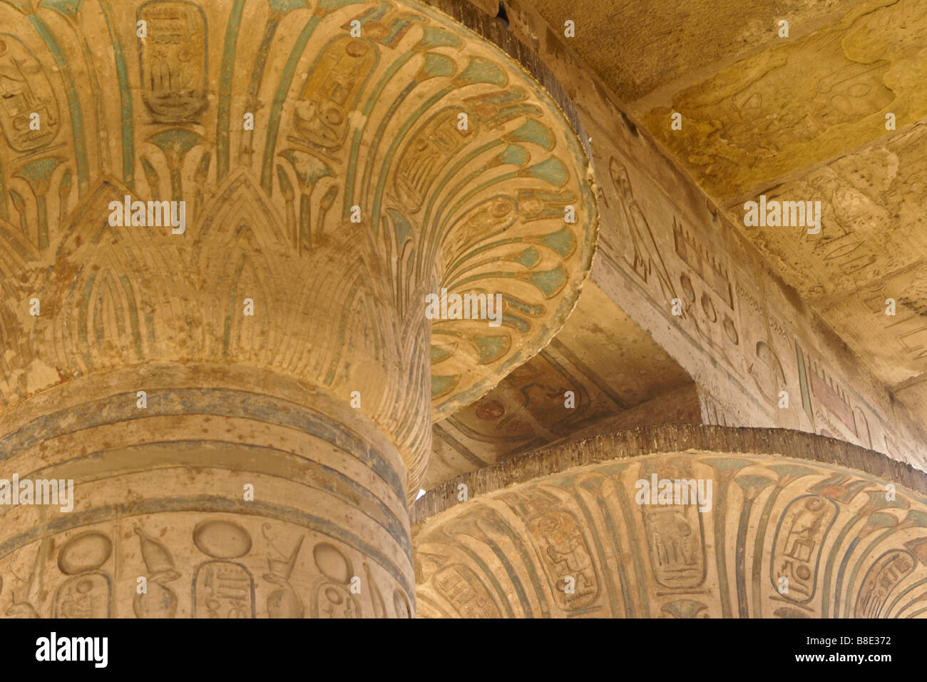 Painted column capitals at the Ramesseum, West Bank, Luxor, Egypt Stock ...
