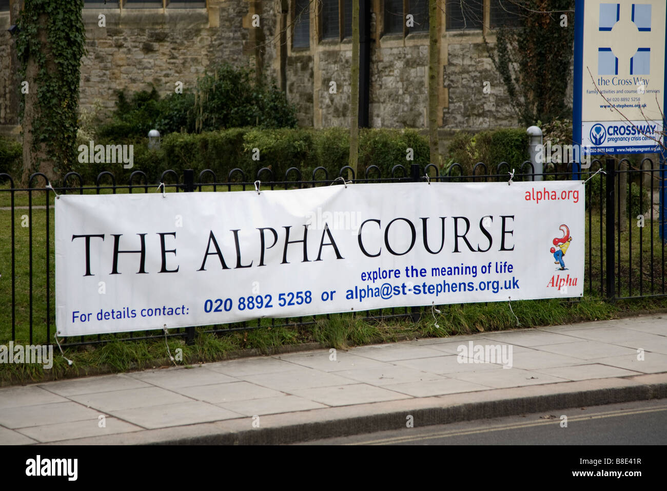 Banner promoting the Alpha Course outside a church in west London Stock ...