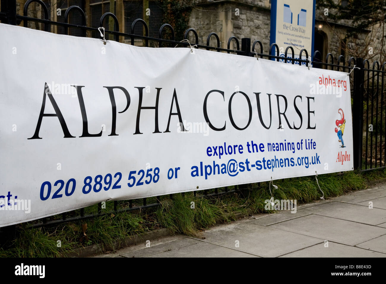 Banner promoting the Alpha Course outside a church in west London Stock ...