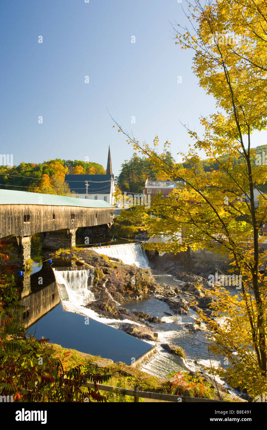 The covered bridge with waterfalls and fall foliage color in Bath New ...