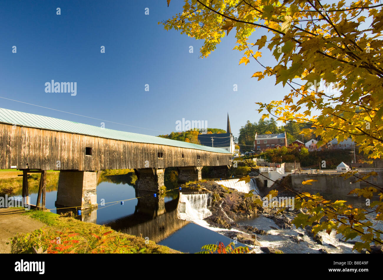 The covered bridge with waterfalls and fall foliage color in Bath New ...