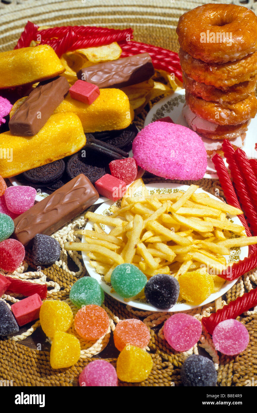 Variety of junk food including candy, sweets, baked goods, french fried ...