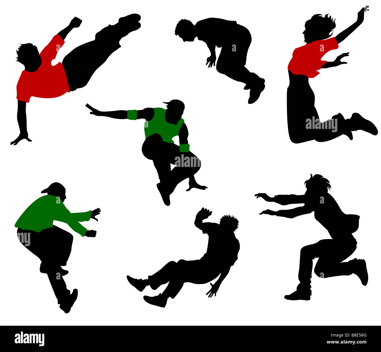 Silhouettes of seven jumping and fallen people Stock Photo - Alamy