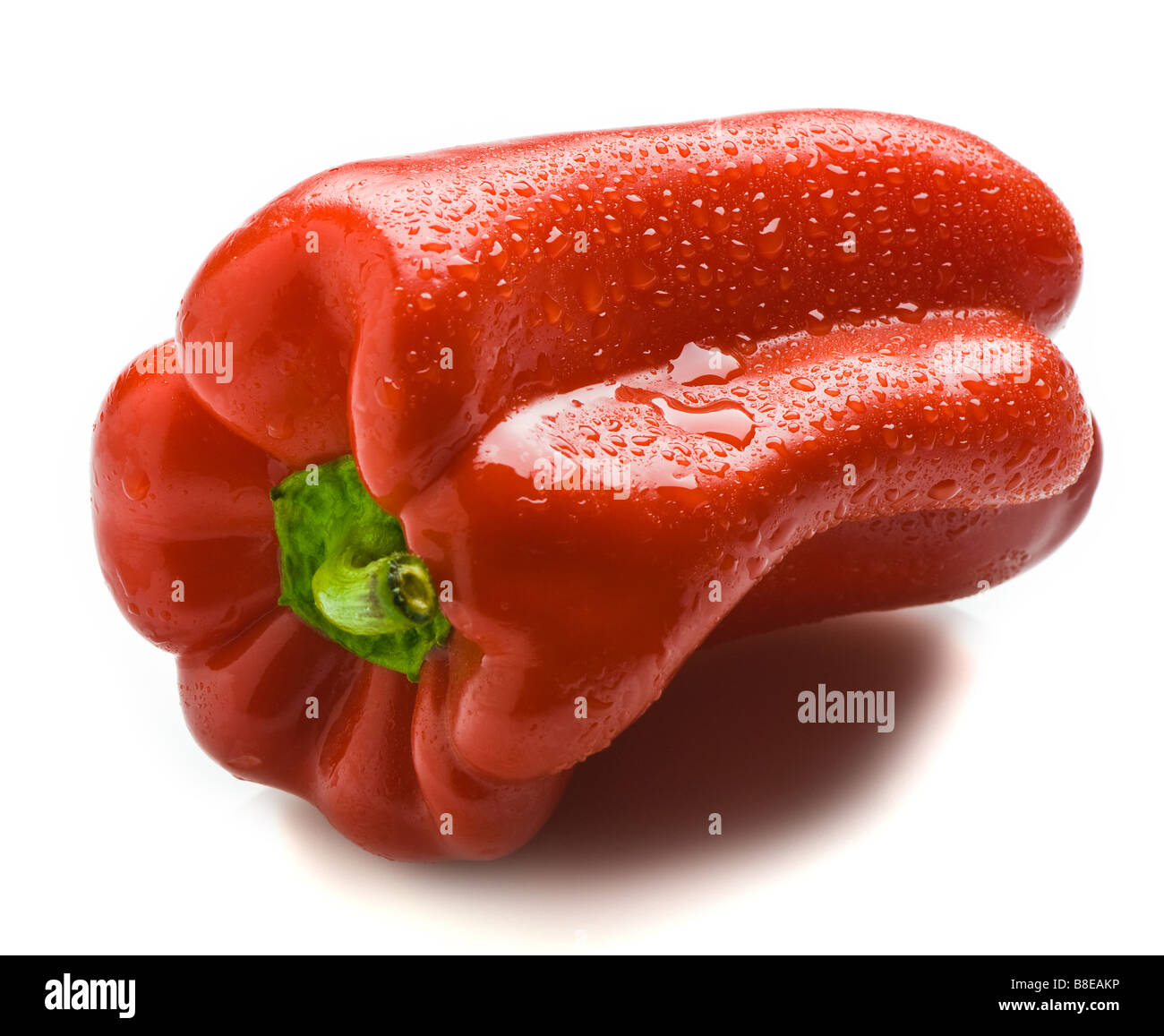 A whole red capsicum with water droplets on it Isolated on white Stock ...