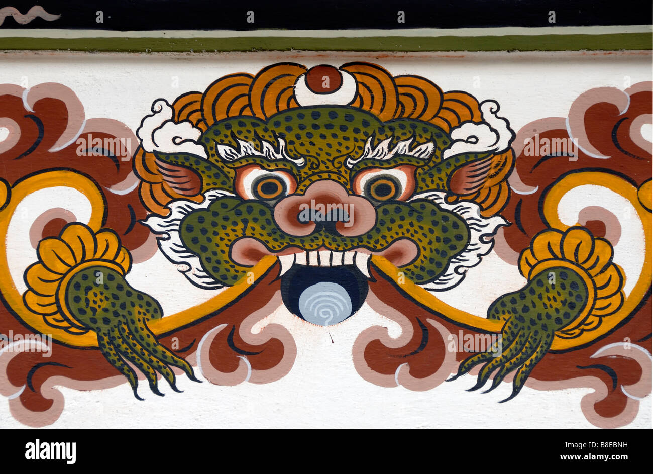 Representation of a dragon painted in traditional Bhutanese style on ...