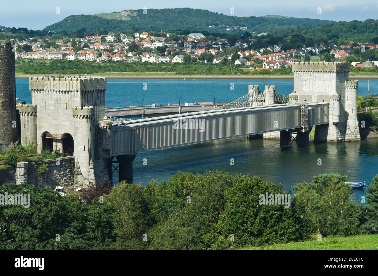 Robert Stephenson's Tubular Iron Bridge across the river Conwy in North ...