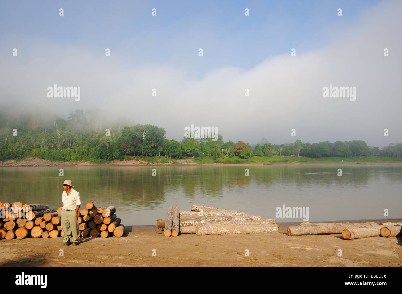 Lumber trader waiting to transport logs on the Rio Urubamba in Peruvian ...