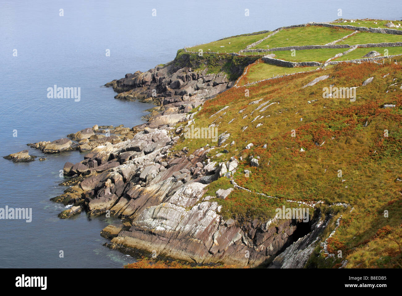 Ireland Kerry Ring of Kerry Waterville landscape with stone walls ...