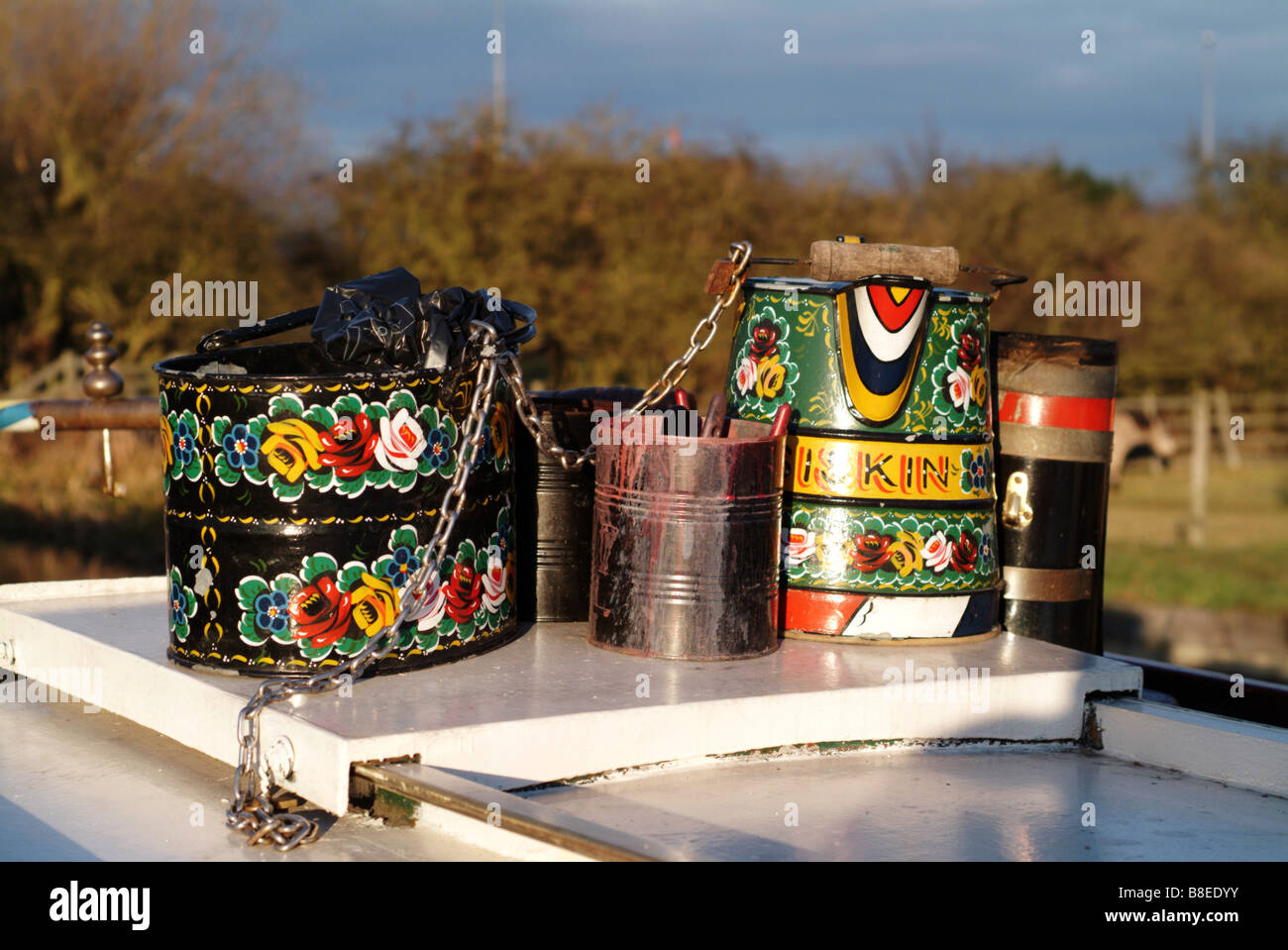 Buckby Can canal ware painted bucket and pail on top of a narrow boat ...