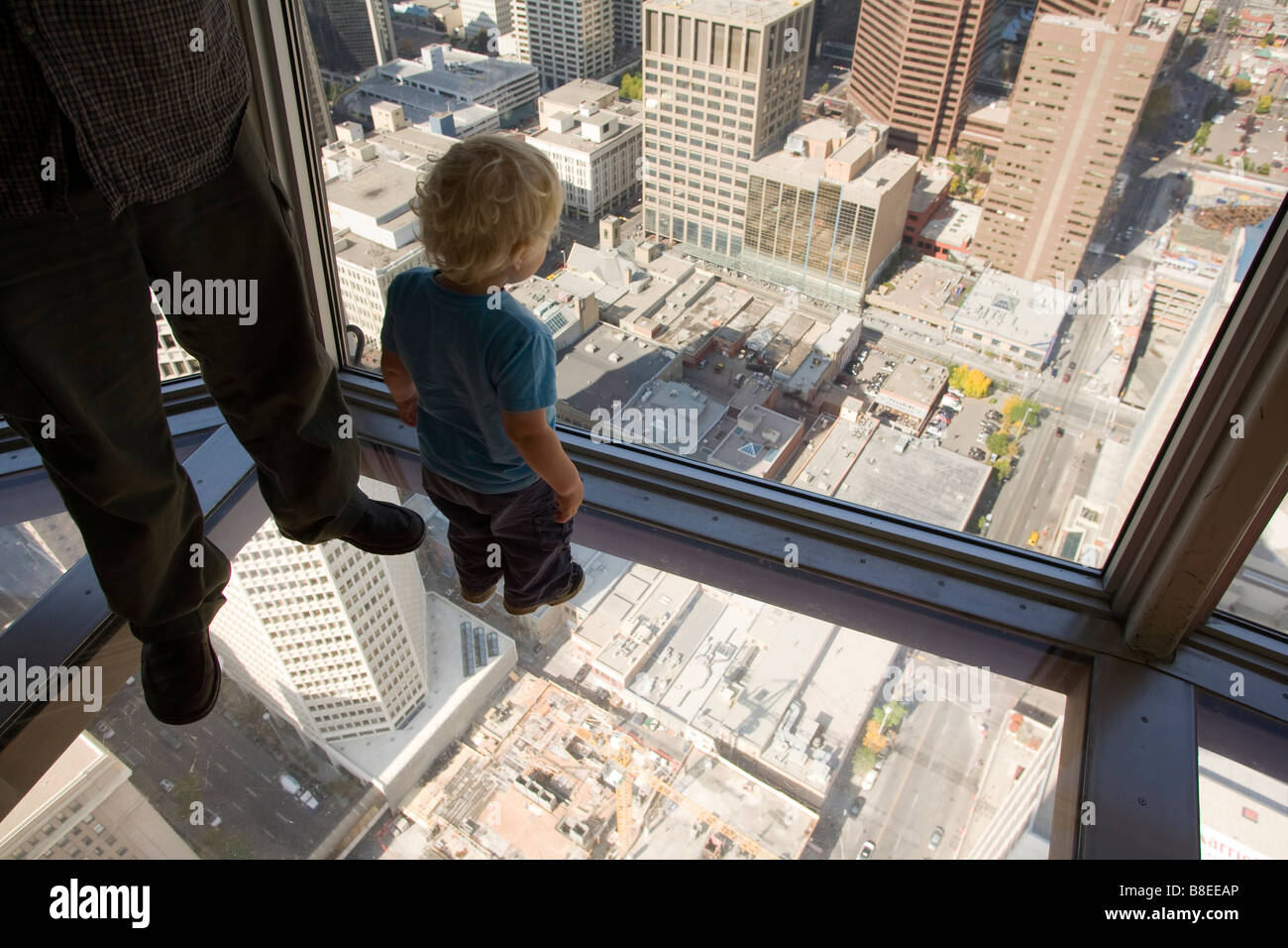 Toddler tourist looking down through Calgary Tower window of glass ...