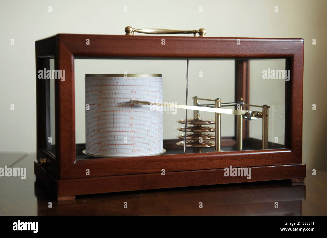 A barogaph used for weather forecasting measuring the barometric ...