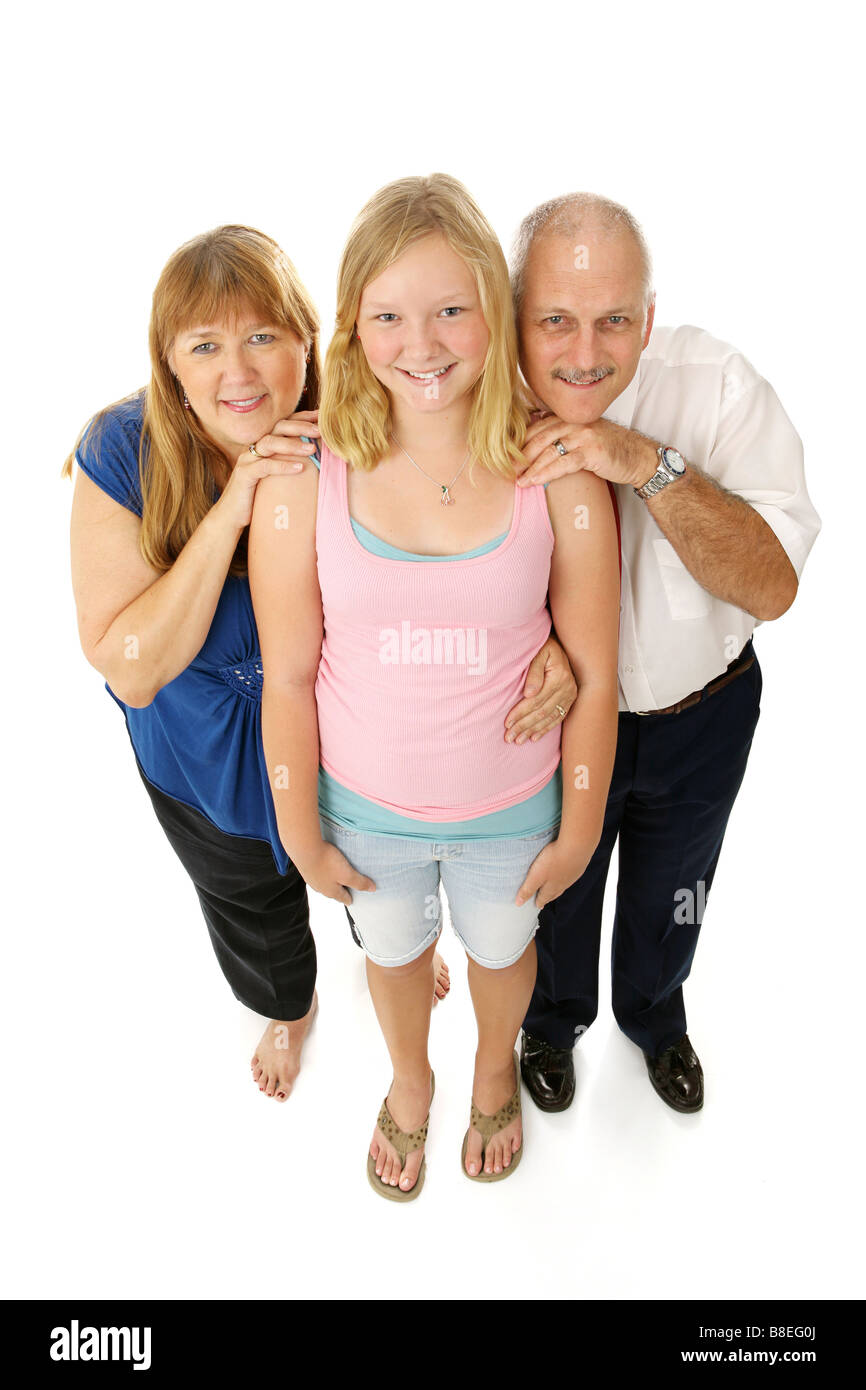 Blond blue eyed family father mother and teen daughter Full body ...