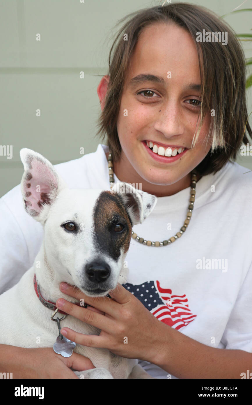 young boy with his jack russell terrier dog Stock Photo - Alamy