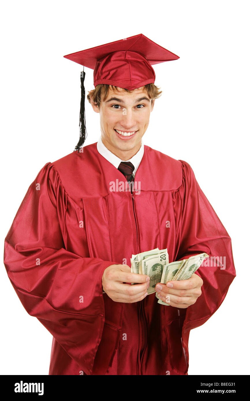 Handsome graduate counting a stack of money Isolated on white Stock ...