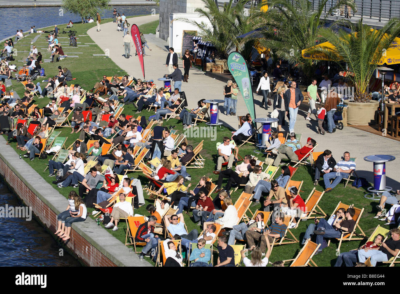 Tourists sunbathing at the Capital Beach in Berlin, Germany Stock Photo ...