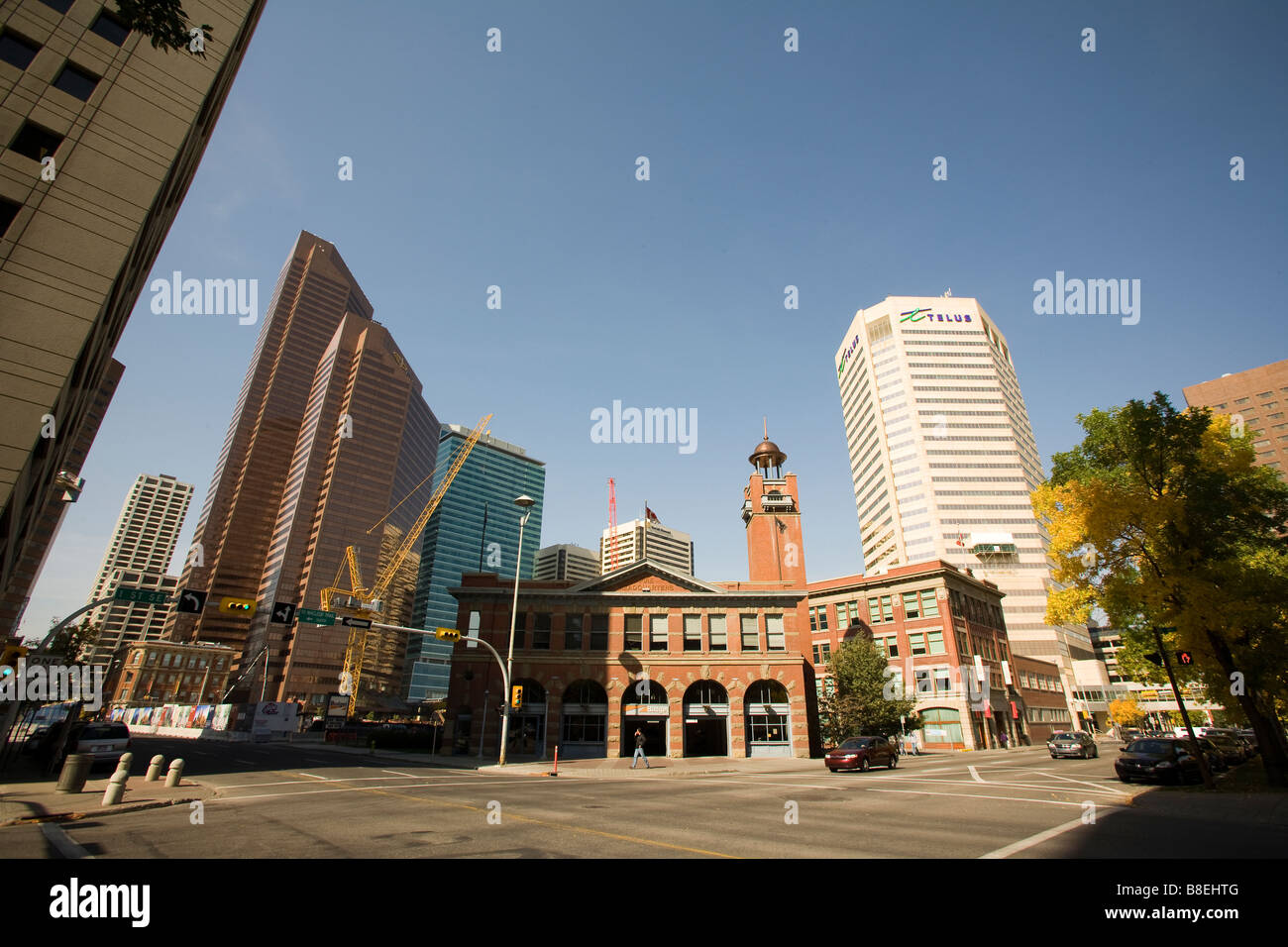 City square with old fire headquarters building and skyscrapers ...