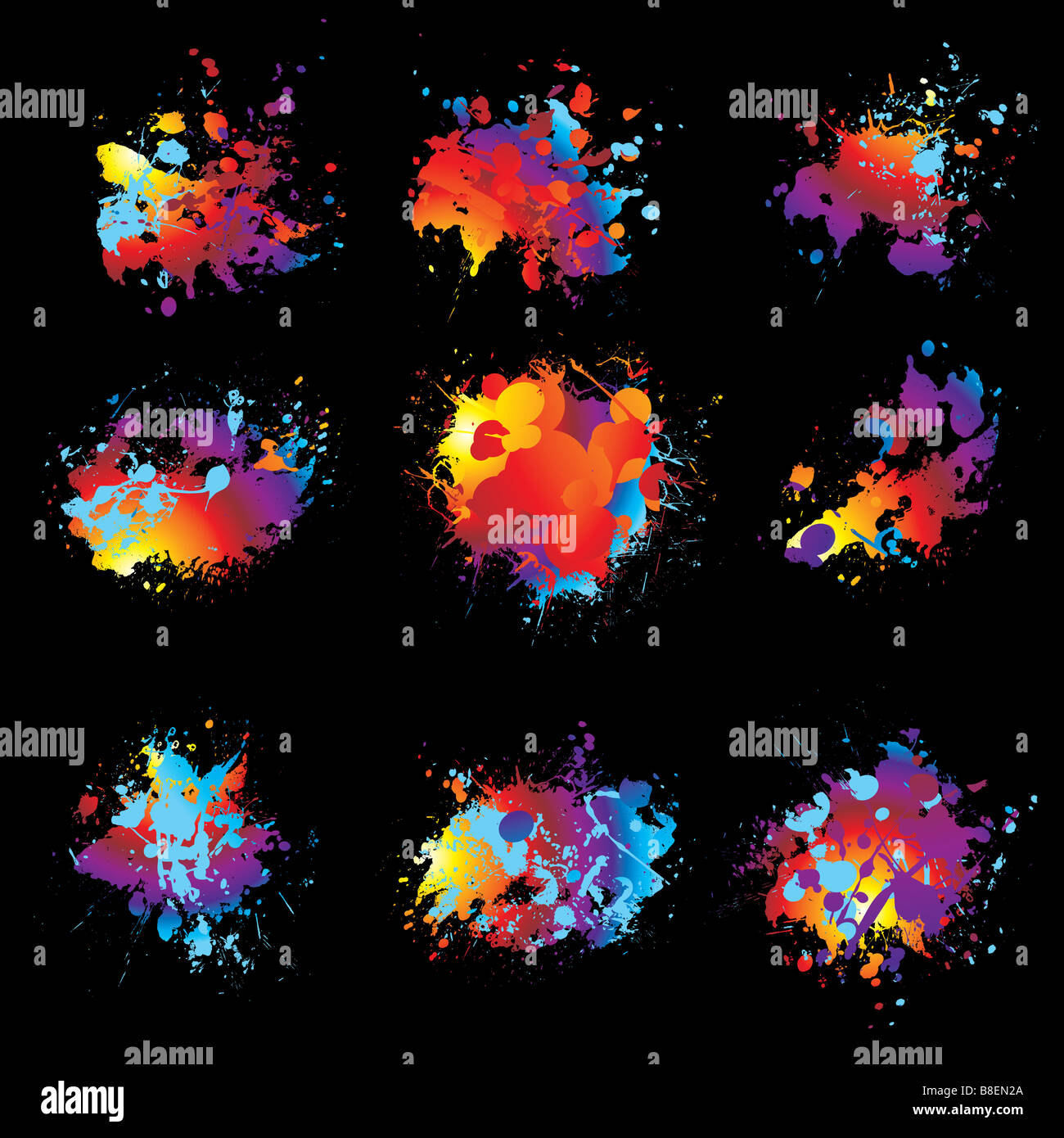 Collection of nine brightly coloured ink splat with black background ...