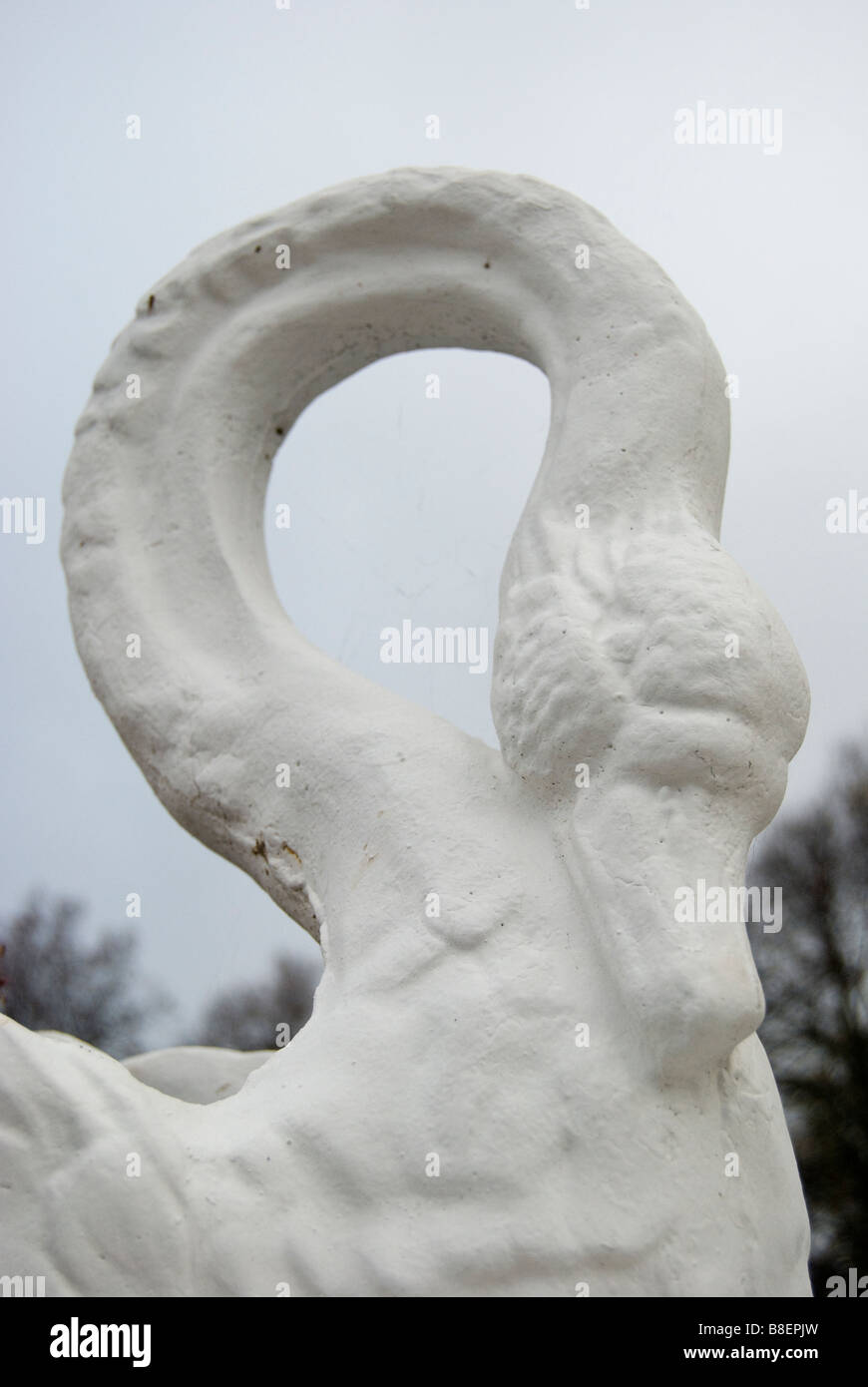 Head and neck of a white stone swan in a park in Khmelnytsky Ukraine ...