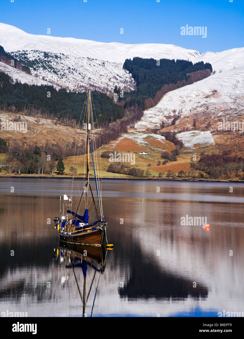 An old wooden yacht moored on Loch Leven, Lochaber, Scotland Stock ...