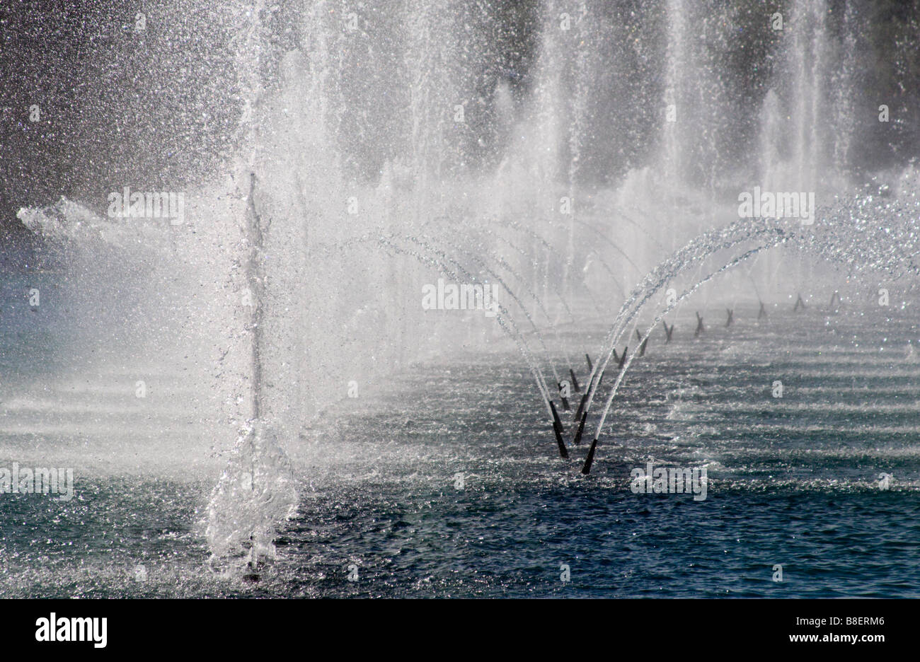 Illuminated water fountains dance to music in the Bellagio hotel water ...