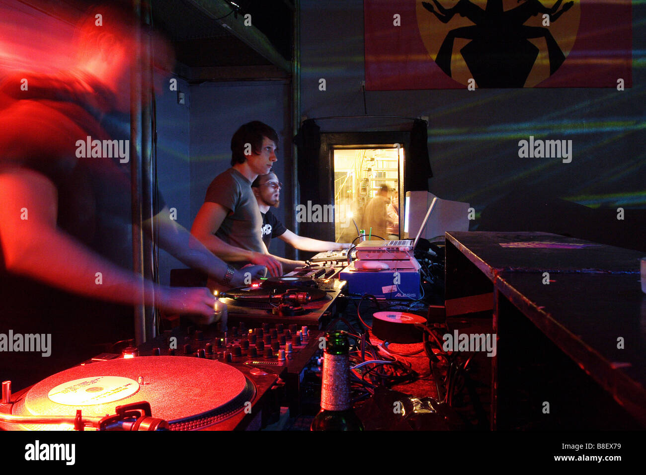 A DJ and a VJ at a turntables at a club, Ruesselsheim, Germany Stock ...