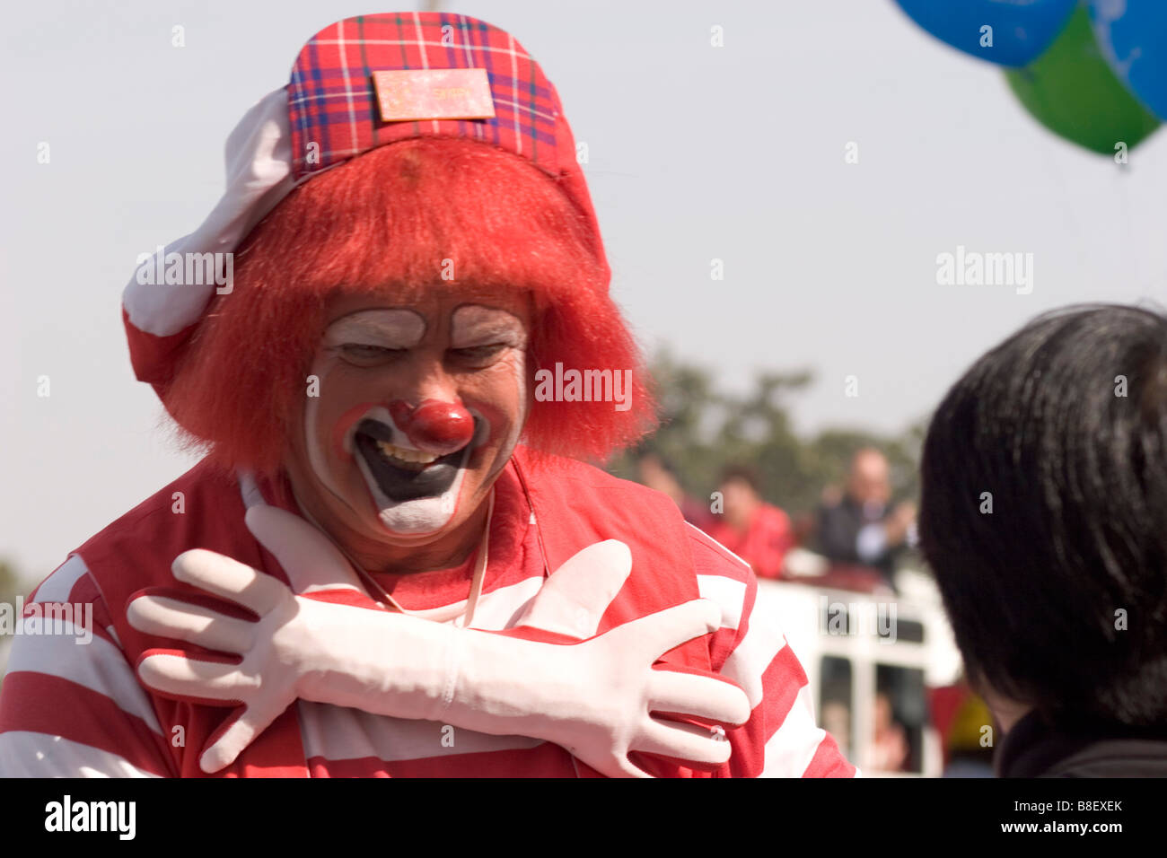 Skippy the red haired clown who walks an invisible dog on a leash. Here ...
