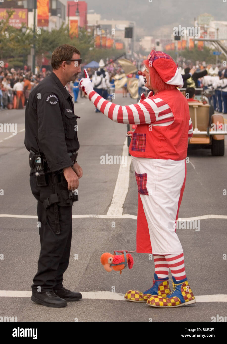 Skippy the red haired clown who walks a stuffed bird on a leash Here he ...