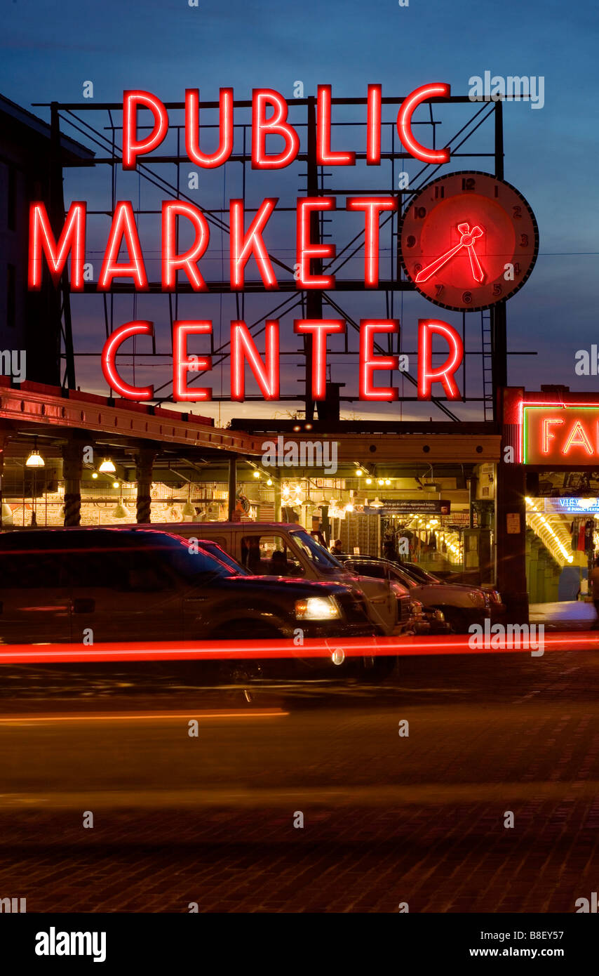 The exterior of the Pike Street Market in Seattle WA USA at dusk Stock ...